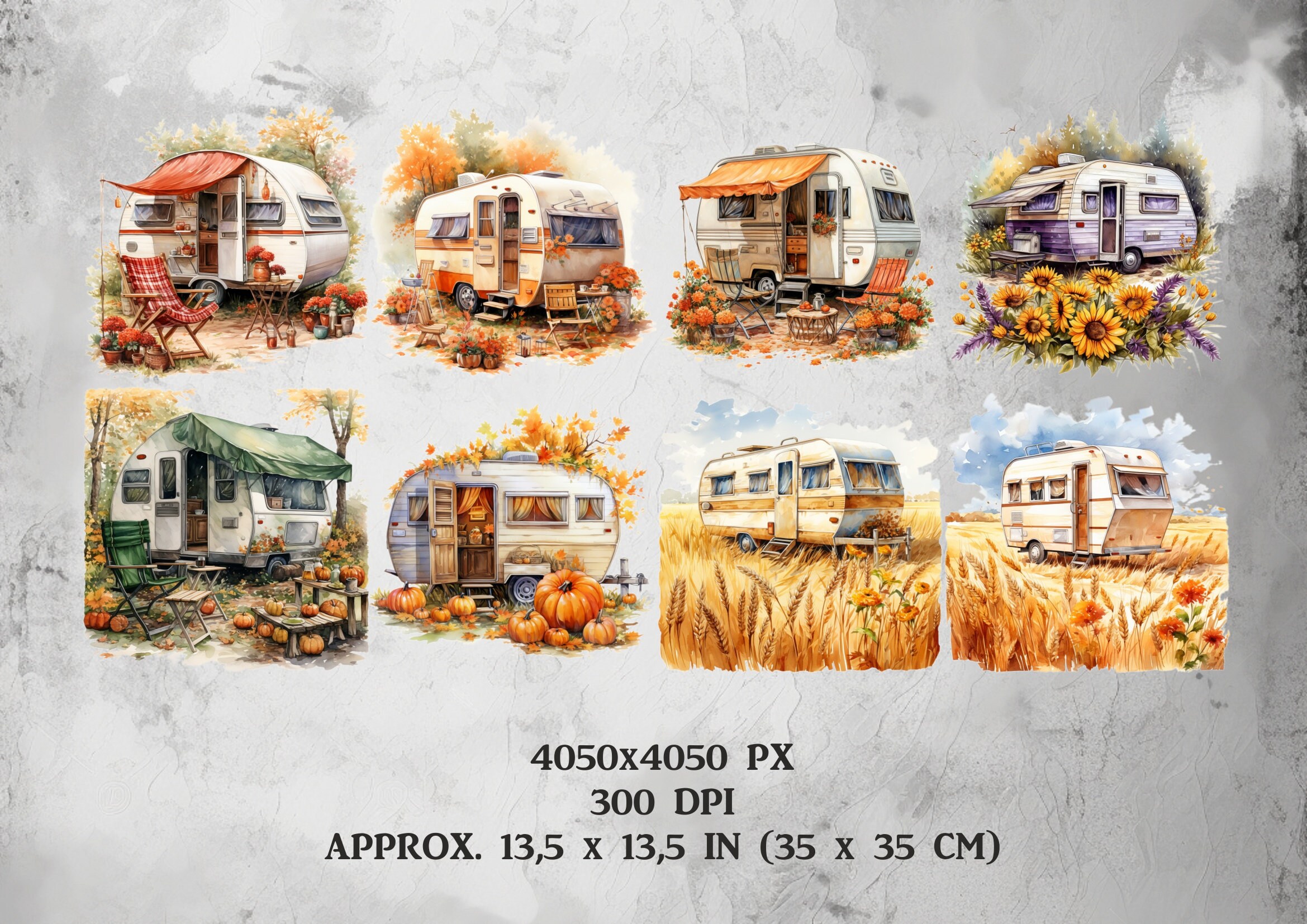 30 Autumn Adventure Campers Clipart, Watercolor Fall Cute Caravan PNG ...