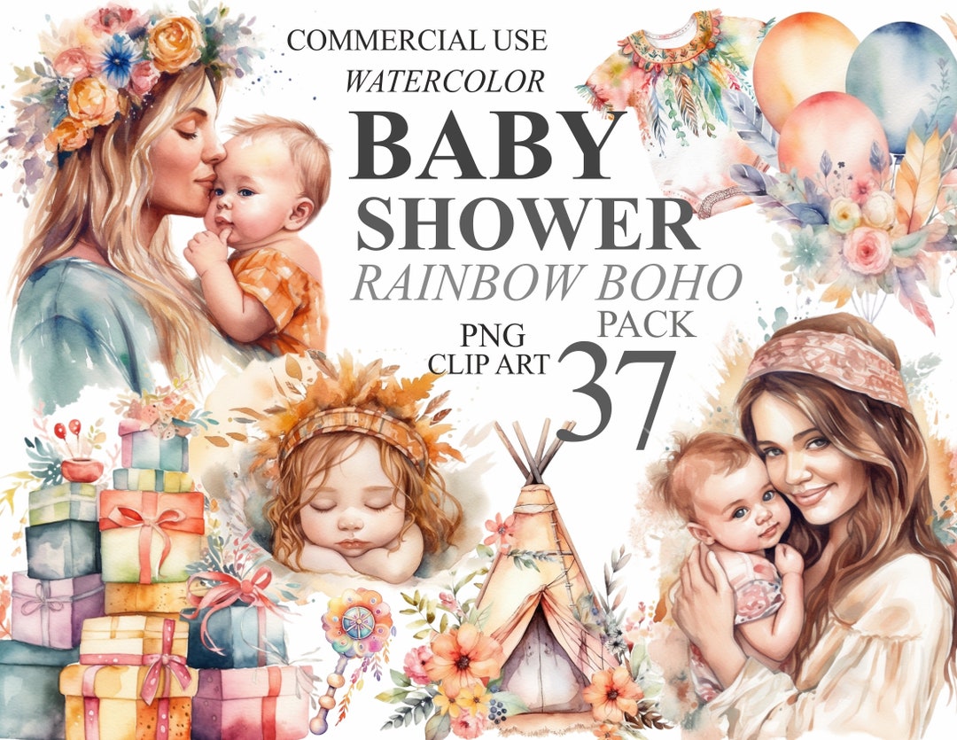 37 Watercolor Baby Shower Clipart Rainbow Boho Bundle Digital Clip Art ...