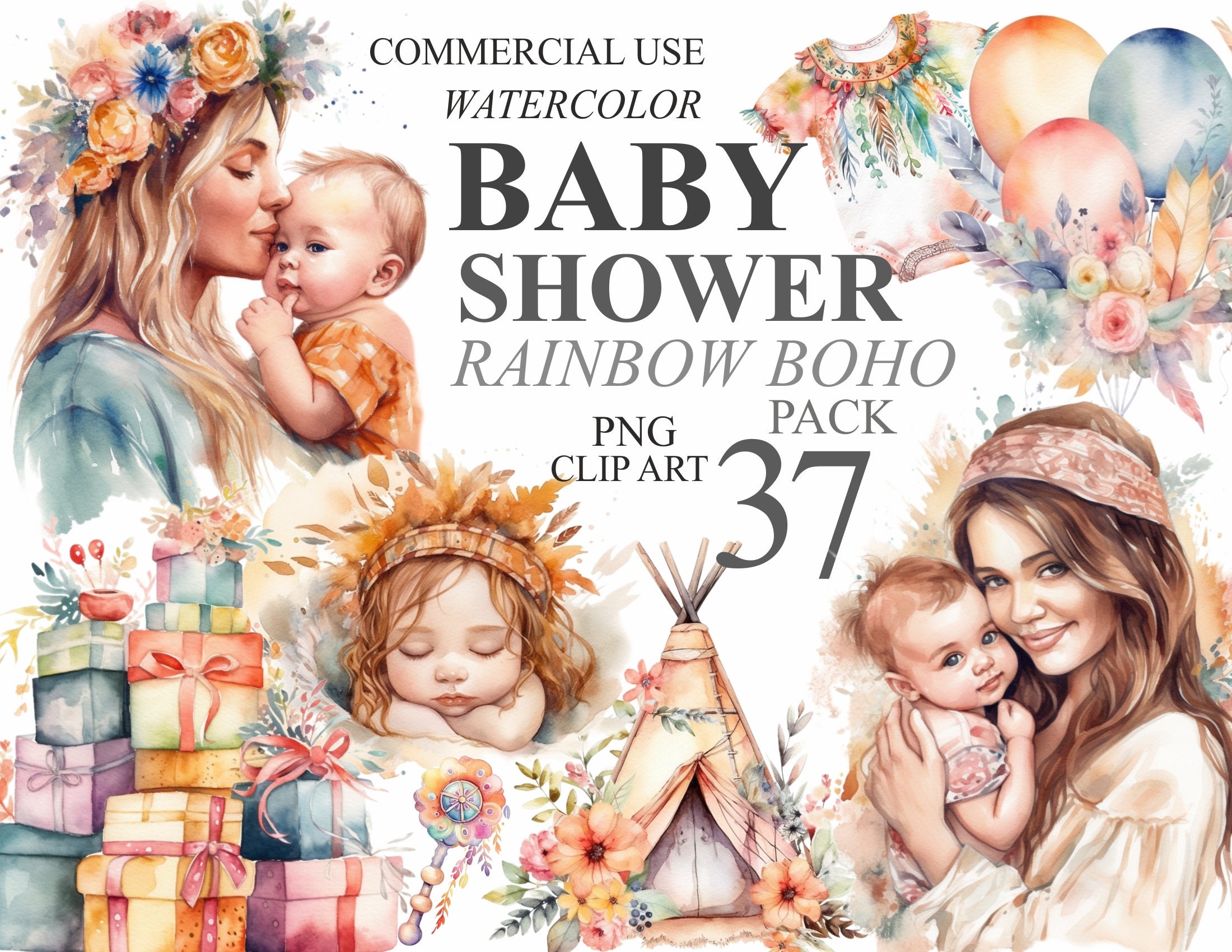37 Watercolor Baby Shower Clipart Rainbow Boho Bundle Digital - Etsy