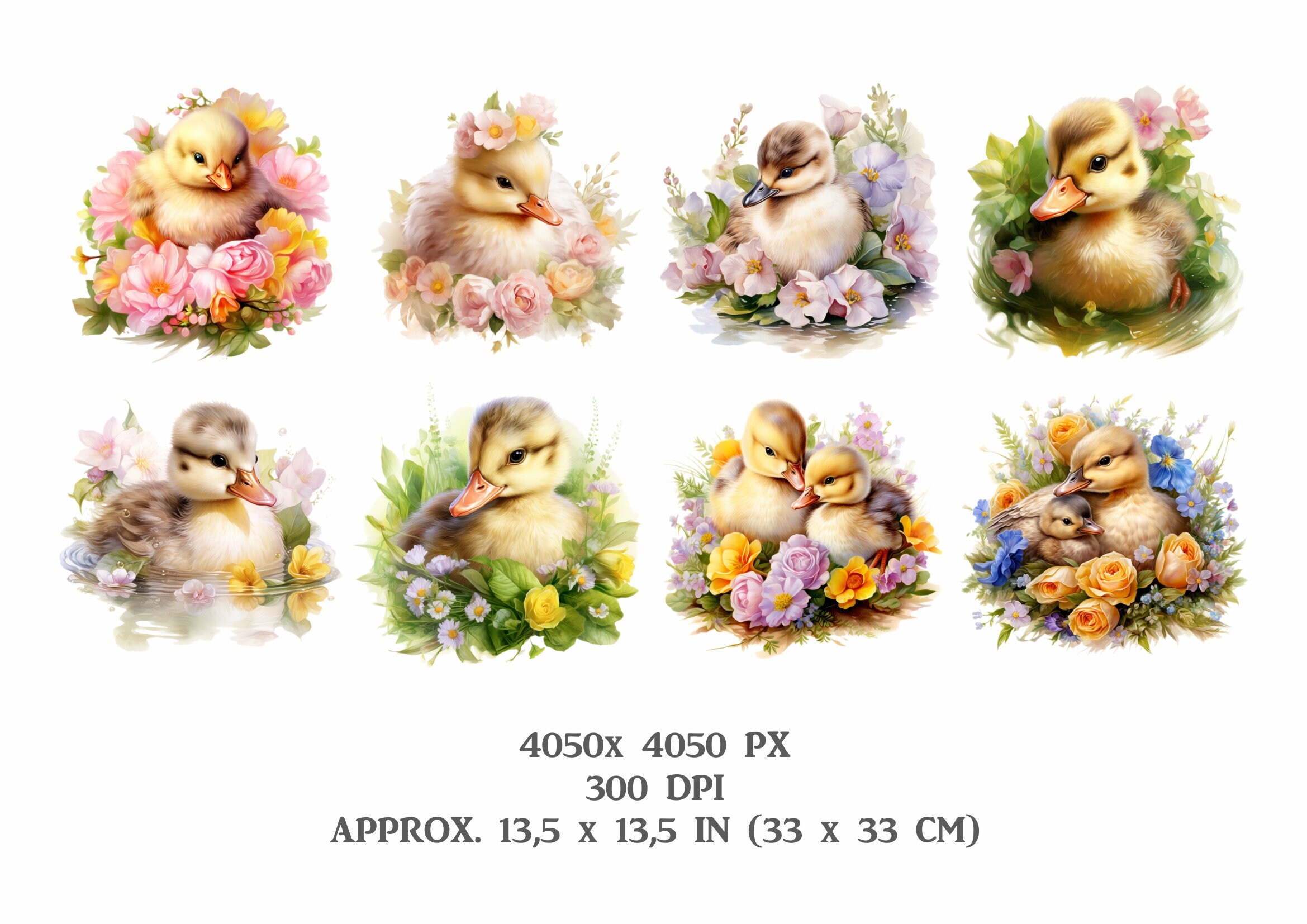 20 Spring Ducks With Flowers Pack, Watercolor Cute Animals PNG Art ...