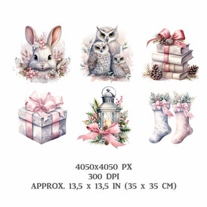 30 Pink Christmas Collection Clipart, Watercolor Xmas Cottagecore PNG ...