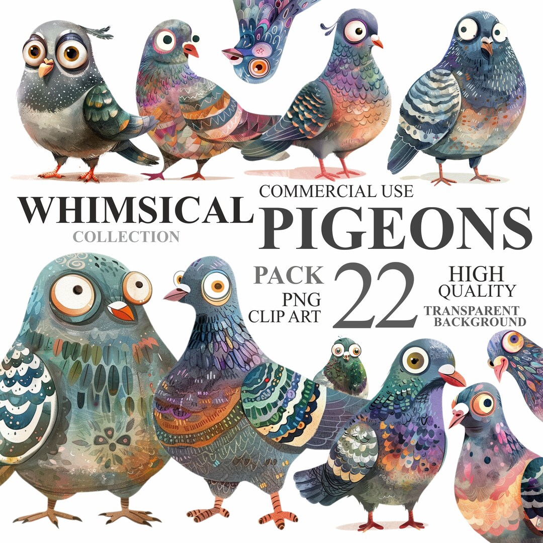 22 Whimsical Pigeons Clipart, Watercolor Funny Graphics PNG Digital ...