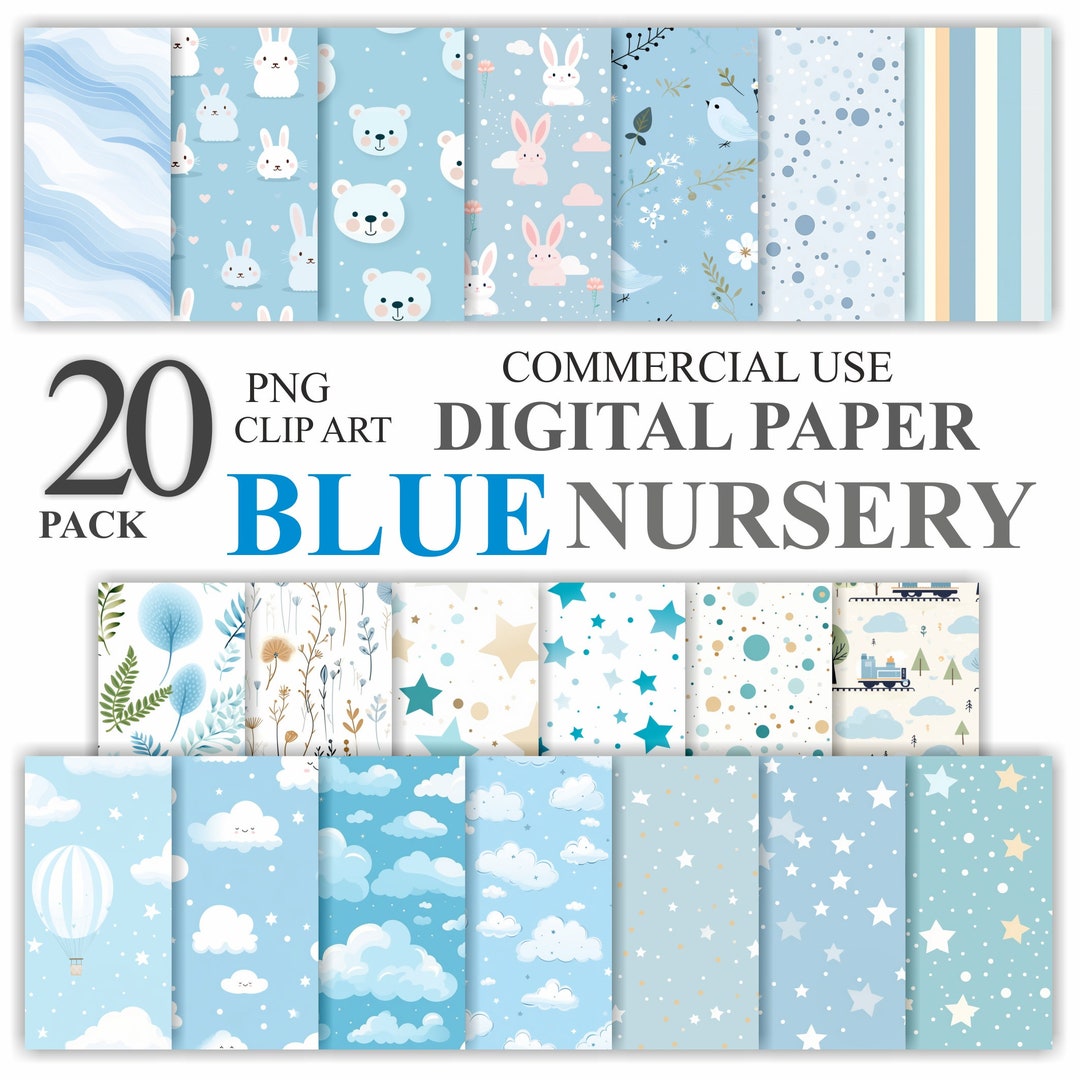 20 Blue Nursery Digital Paper Bundle Pack, Teddy Bear Seamless Pattern ...