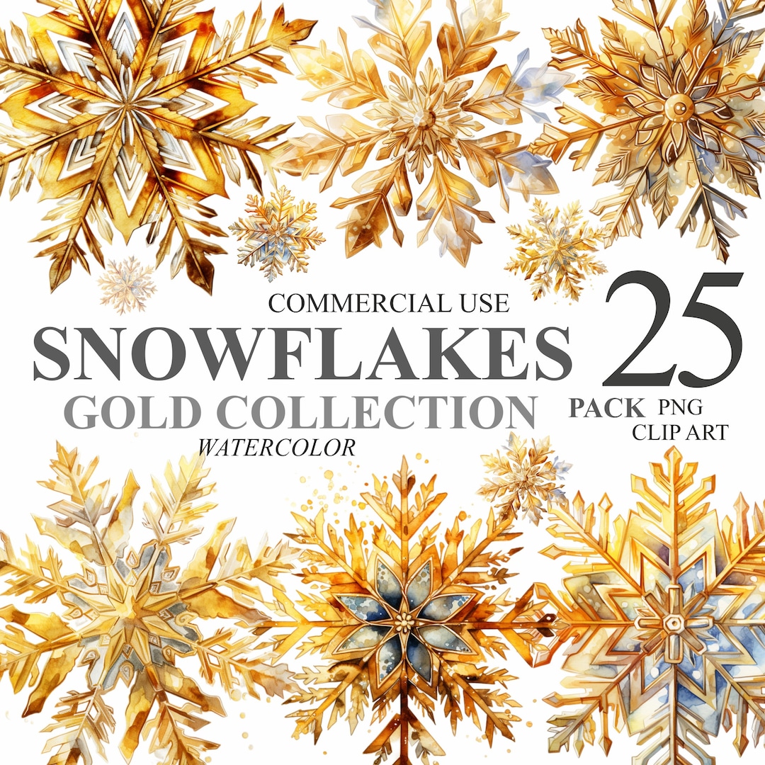 25 Gold Snowflakes Collection Winter Clipart, Christmas Watercolor PNG ...