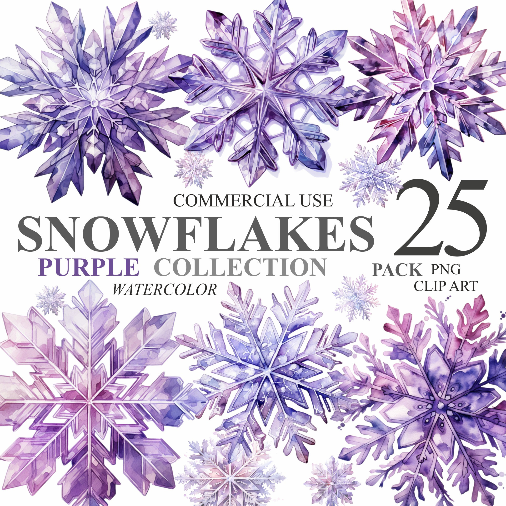 25 Purple Snowflakes Collection Winter Clipart, Christmas Watercolor ...
