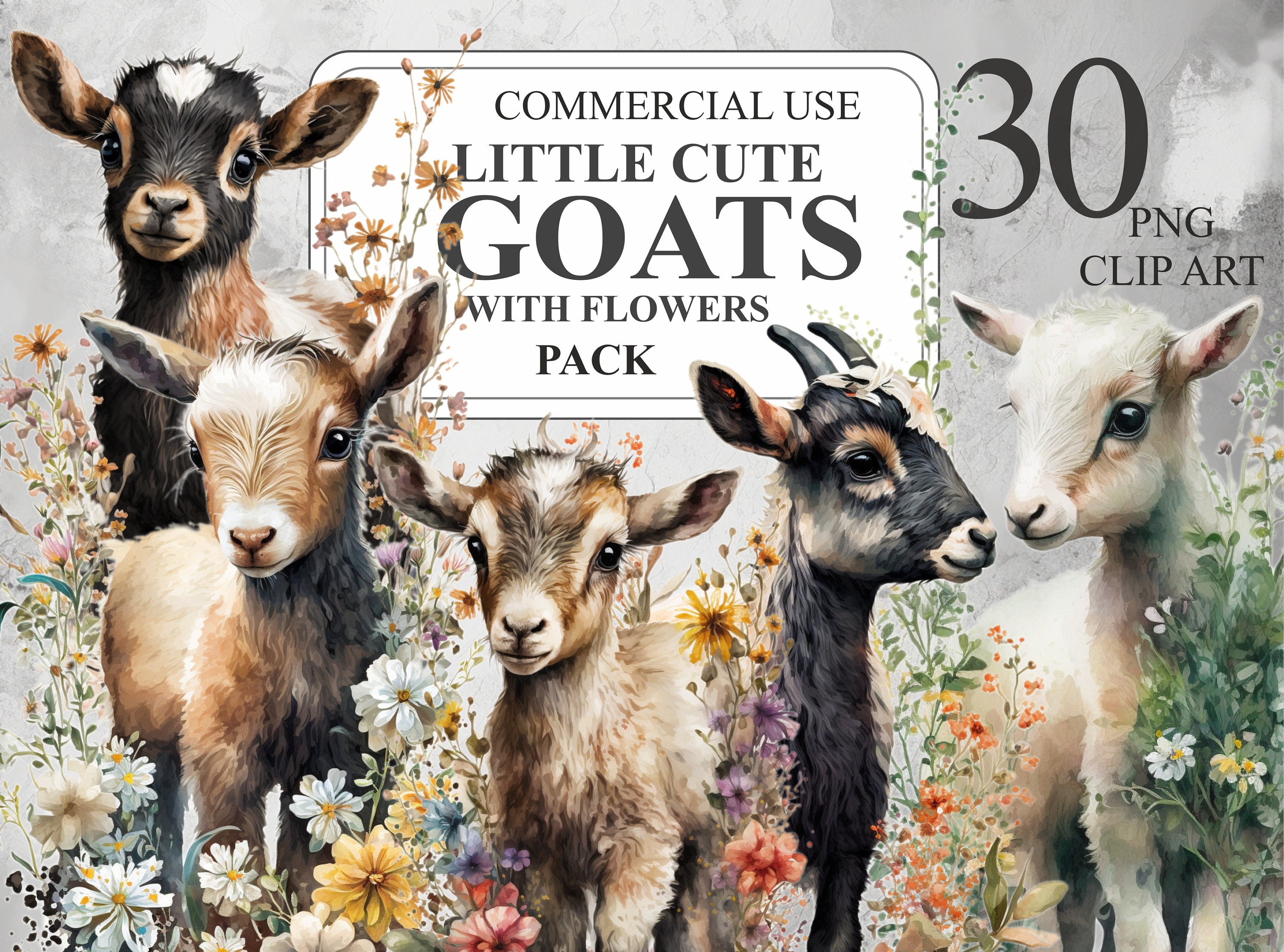 30 Little Goats With Flowers Clipart, Watercolor Cute Goatling PNG ...