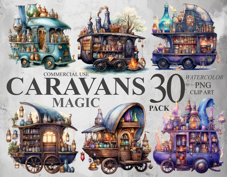 30 Magic Caravans Clipart, Watercolor Wizard House PNG Digital Clip Art ...