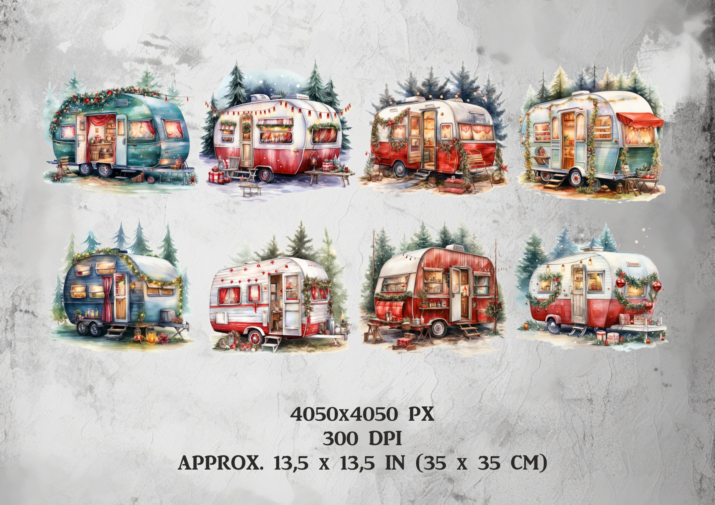 25 Christmas Campers Clipart, Watercolor Holiday Caravan PNG Digital ...