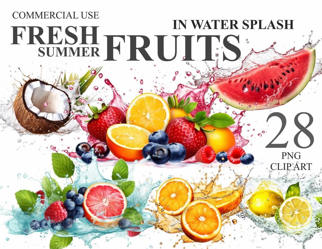 28 Fresh Summer Fruits Clipart, Fruit in Water Splash PNG Digital ...