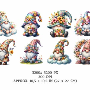 15 Spring Gnomes Pack, Watercolor Cute Easter Gnome With Flowers PNG ...