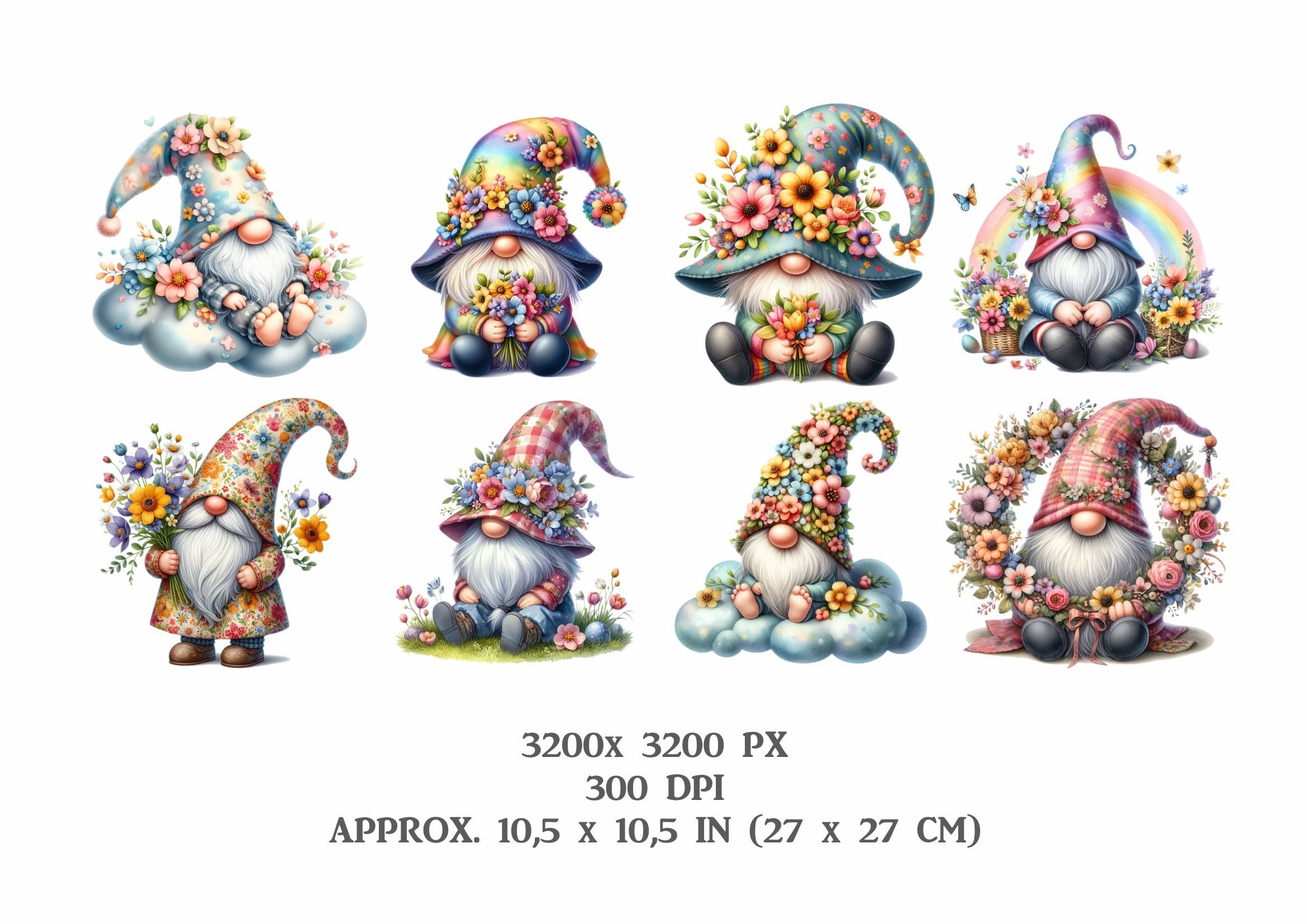15 Spring Gnomes Pack, Watercolor Cute Easter Gnome With Flowers PNG ...