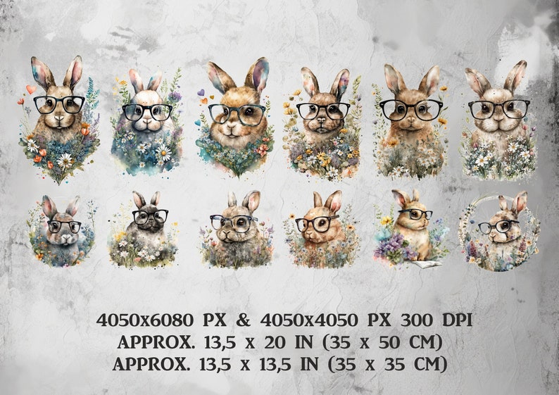 Watercolor Cute Bunnies in Glasses Pack, 24 Watercolour Tiny Rabbits ...