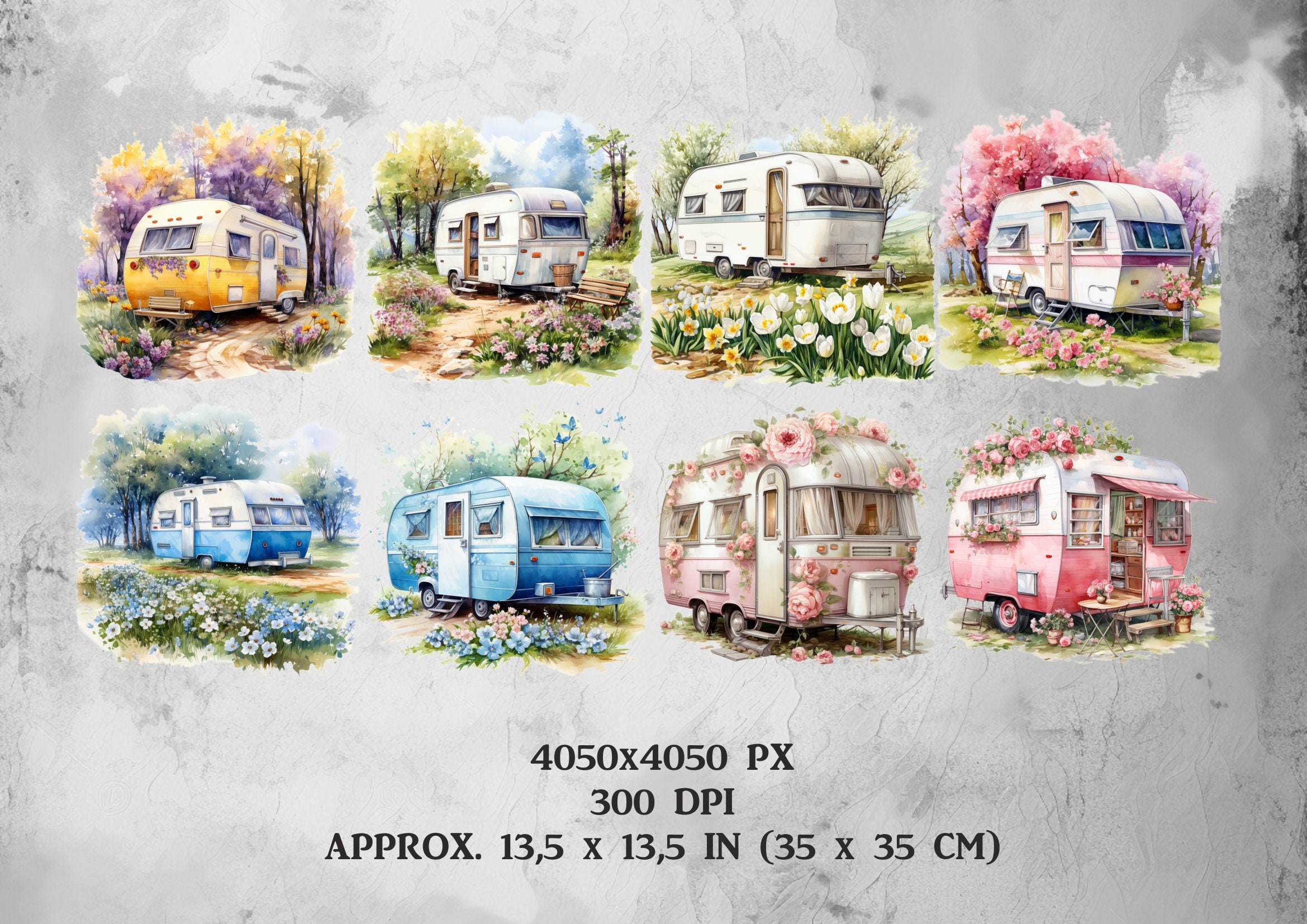 30 Spring Adventure Campers Clipart, Watercolor Flowers Cute Caravan ...