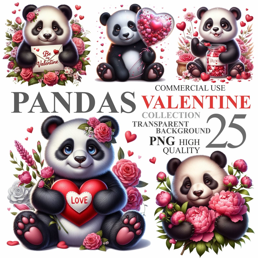25 Watercolor Love Pandas Pack, February 14th Cute Animals Clip Art ...