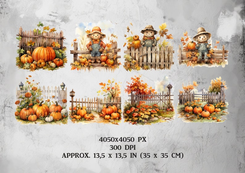25 Autumn Fences Clipart, Watercolor Fall Floral Scenes PNG Digital ...