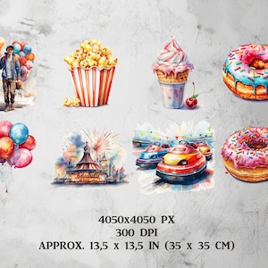 32 Summer Carnival Clipart, Watercolor Fair Festival PNG Digital Clip ...
