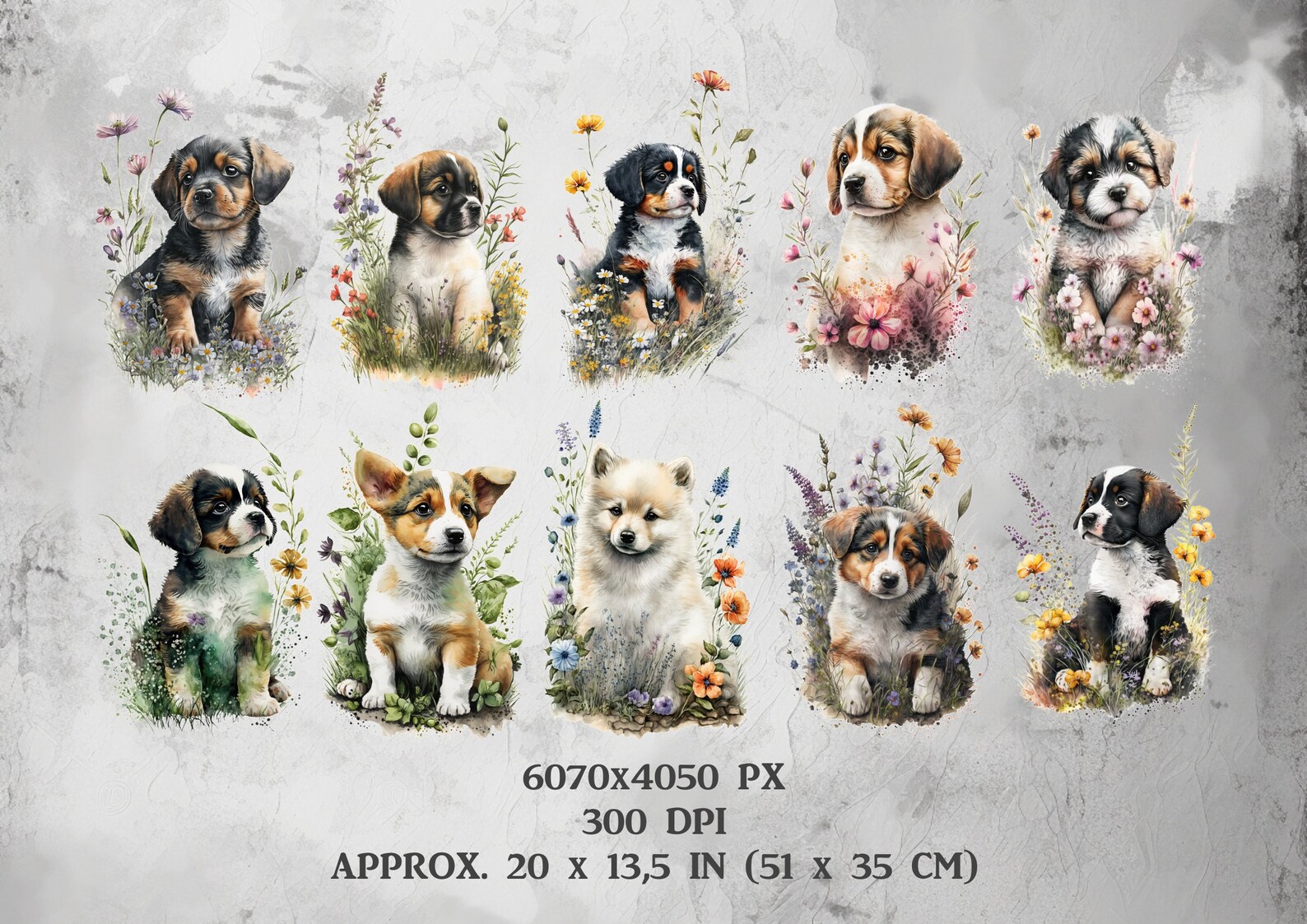 40 Cute Puppies and Flowers Clipart, Watercolor Little Dogs PNG Digital ...