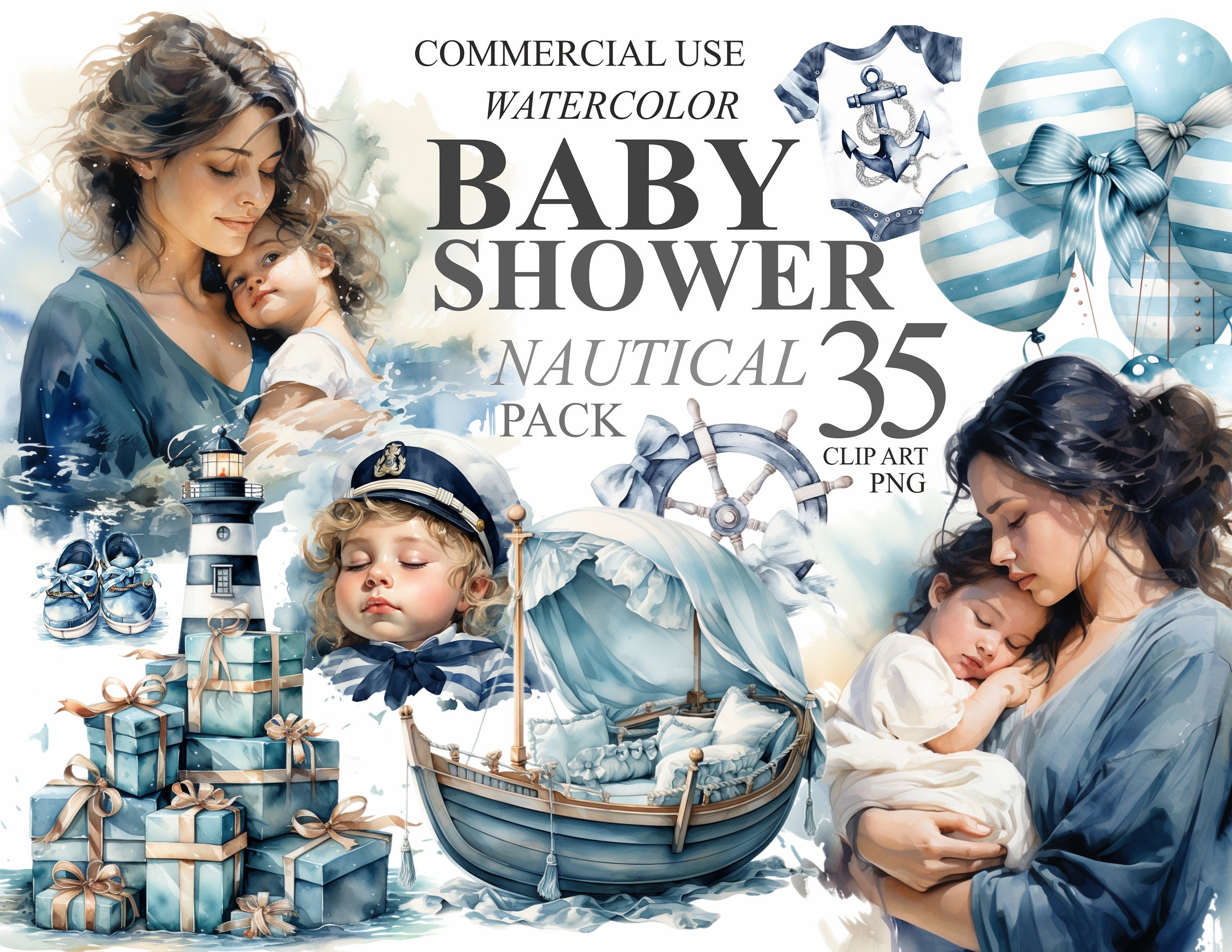 35 Watercolor Baby Shower Clipart Nautical Bundle Digital Clip Art ...