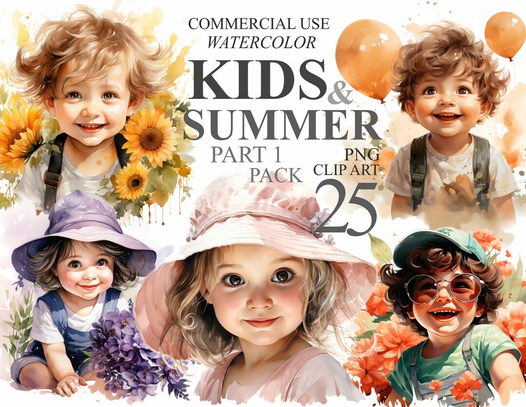 25 Watercolor Kids and Summer Clipart Part 1, Happy Children Bundle ...