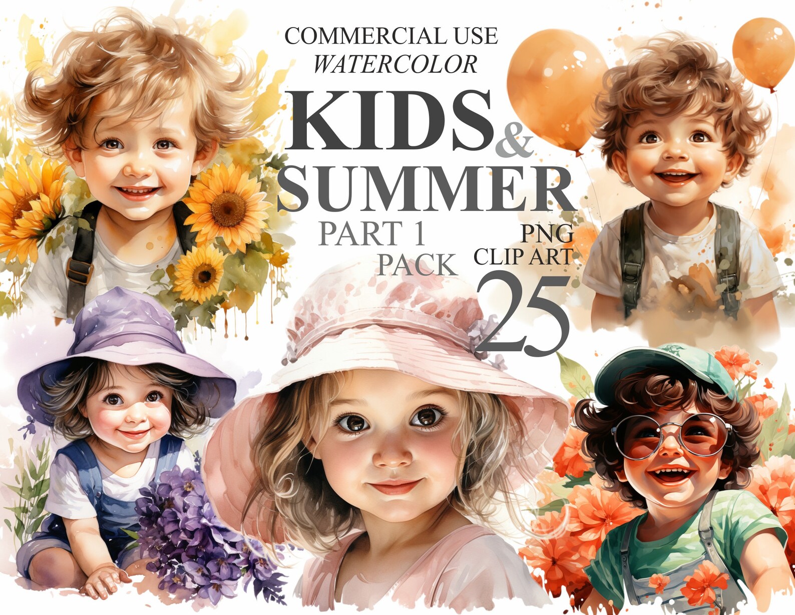 25 Watercolor Kids and Summer Clipart Part 1, Happy Children Bundle ...