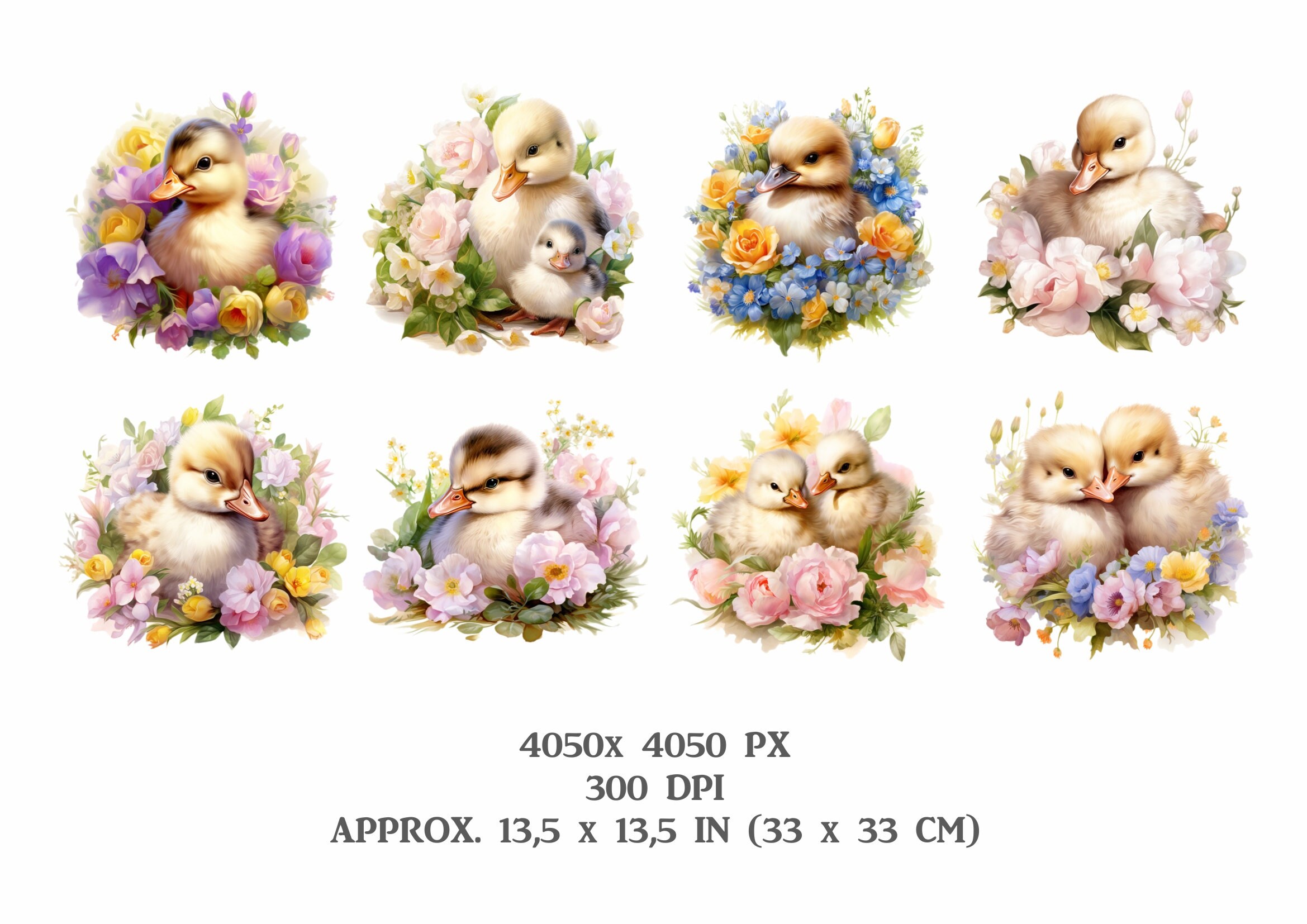 20 Spring Ducks With Flowers Pack, Watercolor Cute Animals PNG Art ...