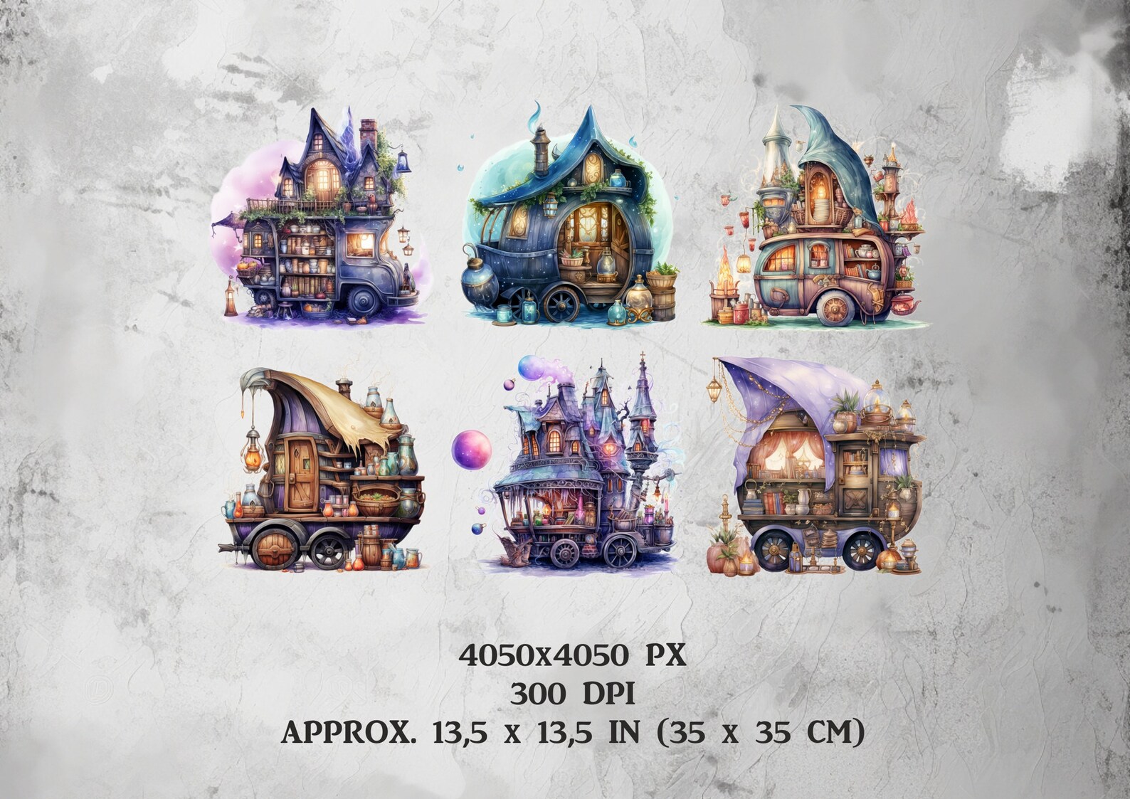 30 Magic Caravans Clipart, Watercolor Wizard House PNG Digital Clip Art ...