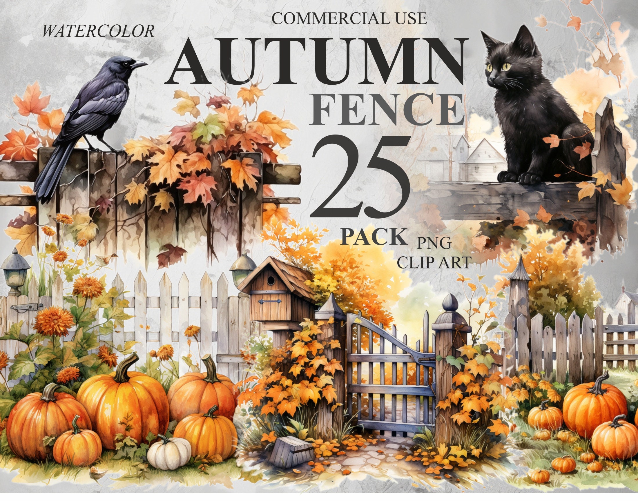 25 Autumn Fences Clipart, Watercolor Fall Floral Scenes PNG Digital ...