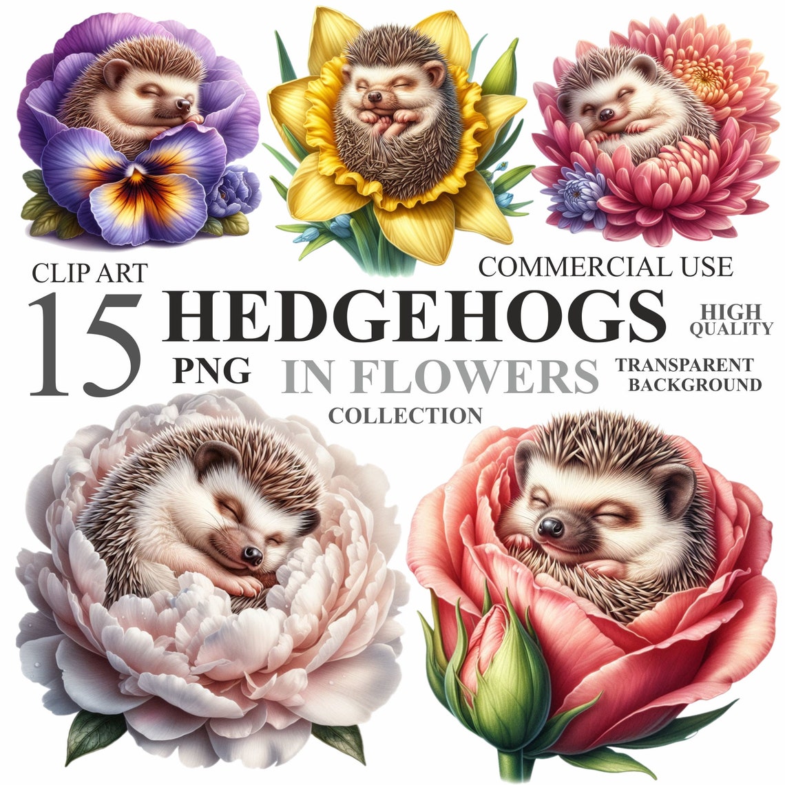 15 Watercolor Hedgehogs in Flowers Pack, Cute Floral Hedgehog PNG Clip ...
