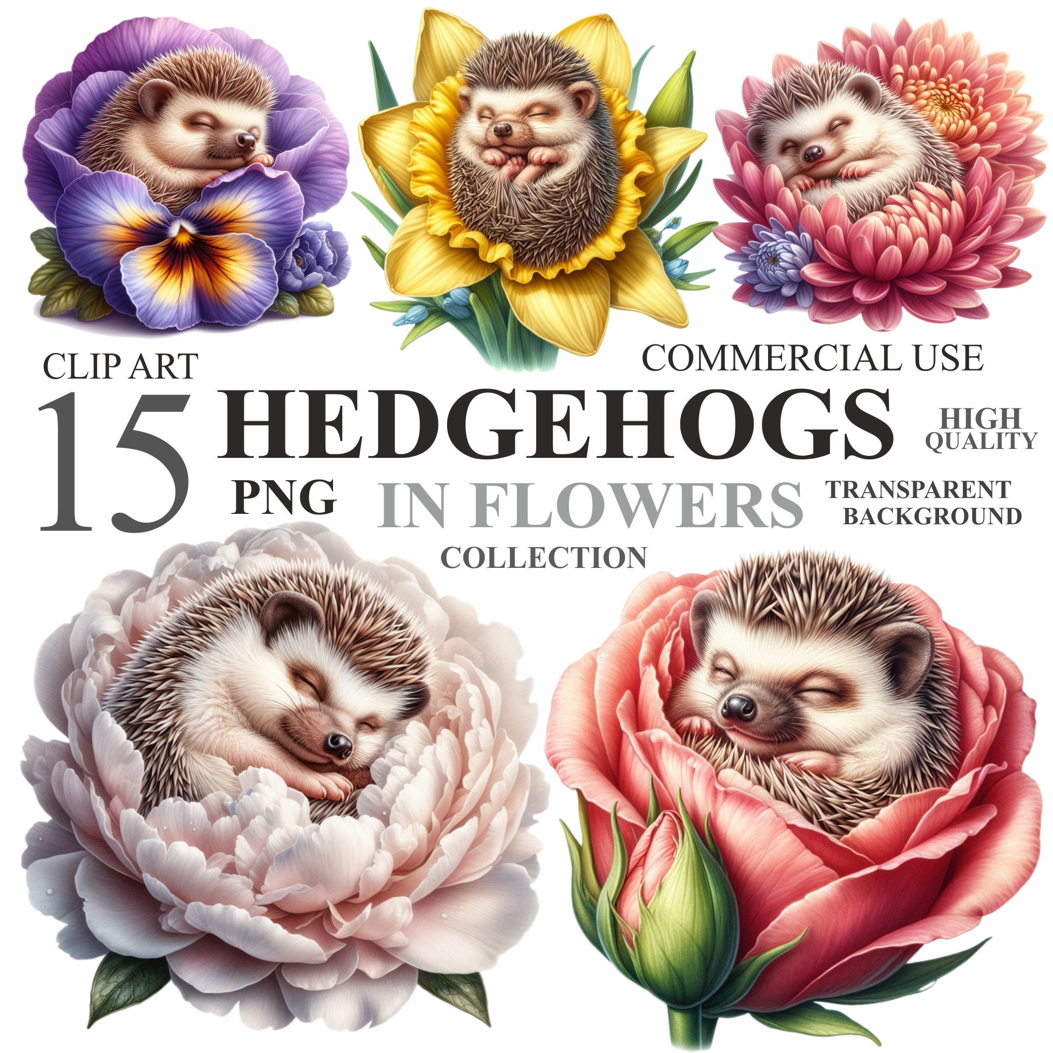 15 Watercolor Hedgehogs in Flowers Pack, Cute Floral Hedgehog PNG Clip ...