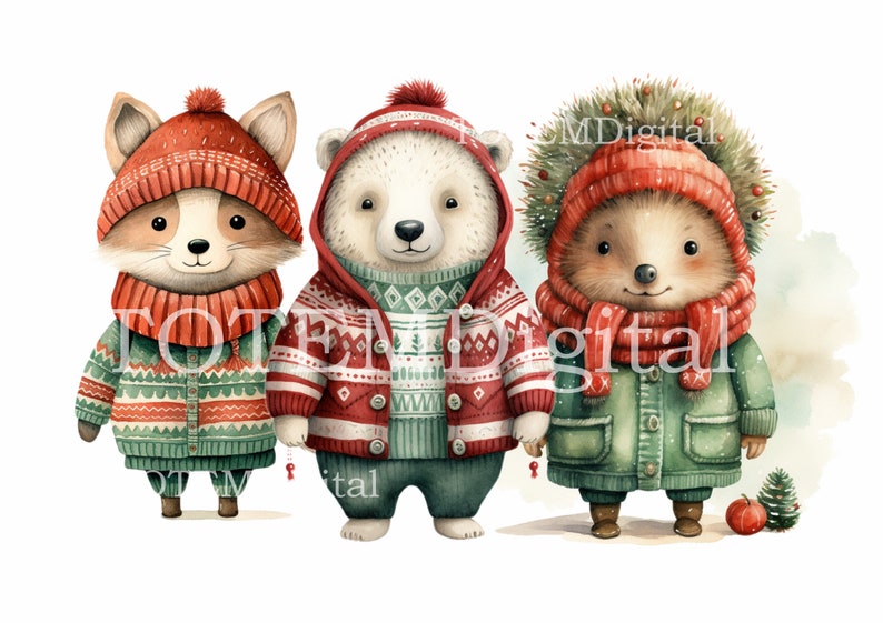 30 Cute Winter Animals in Sweaters Part 1 Pack, Watercolor Animals ...