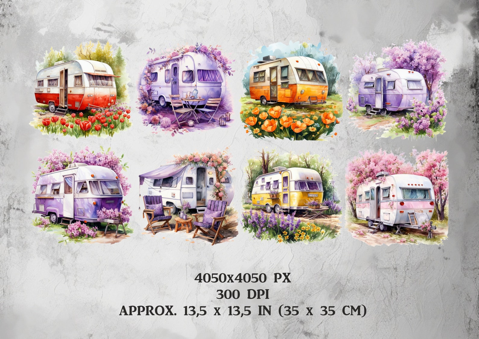 30 Spring Adventure Campers Clipart, Watercolor Flowers Cute Caravan ...