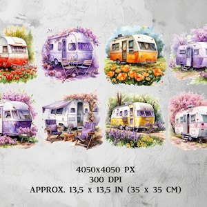 30 Spring Adventure Campers Clipart, Watercolor Flowers Cute Caravan ...