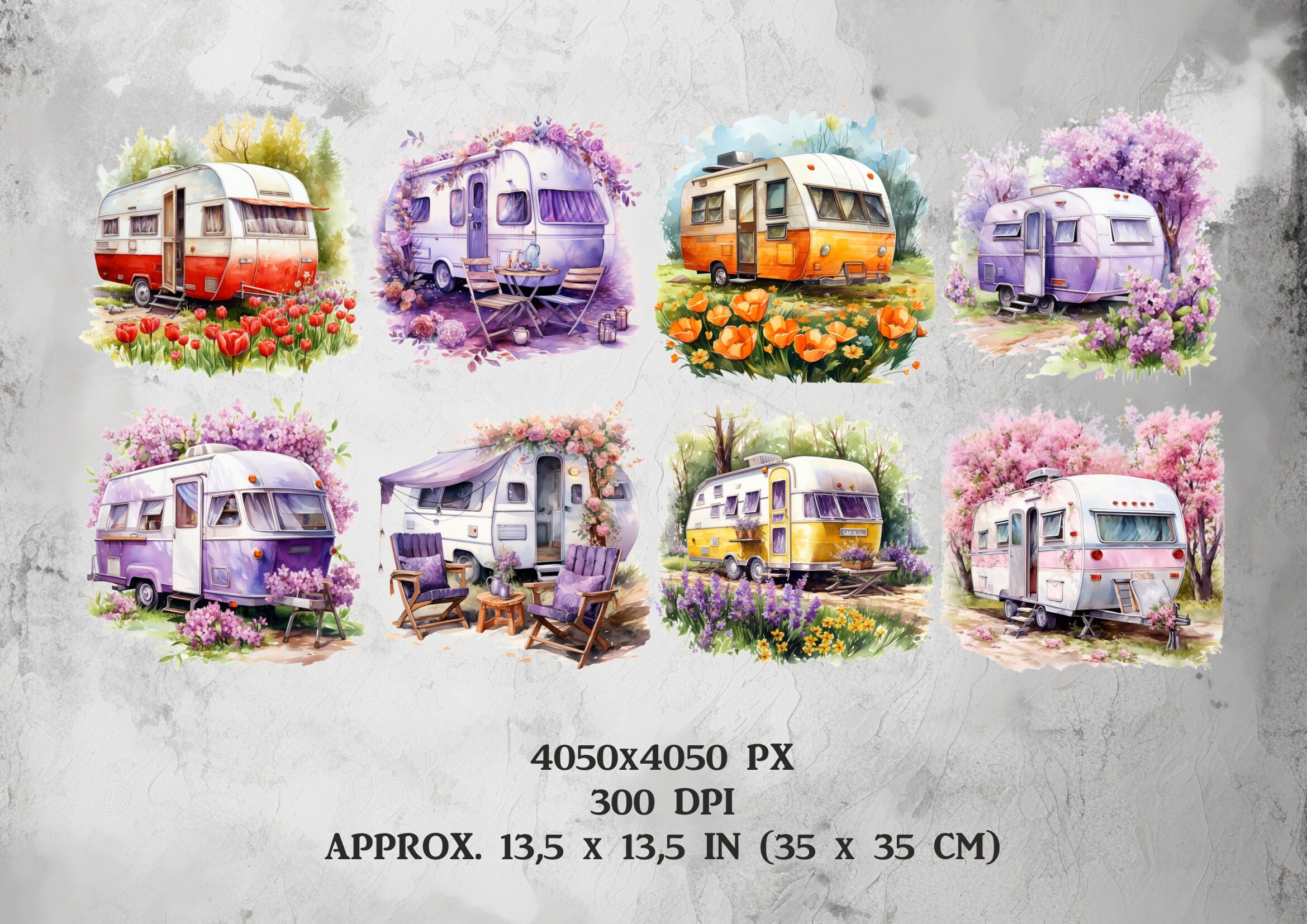 30 Spring Adventure Campers Clipart, Watercolor Flowers Cute Caravan ...