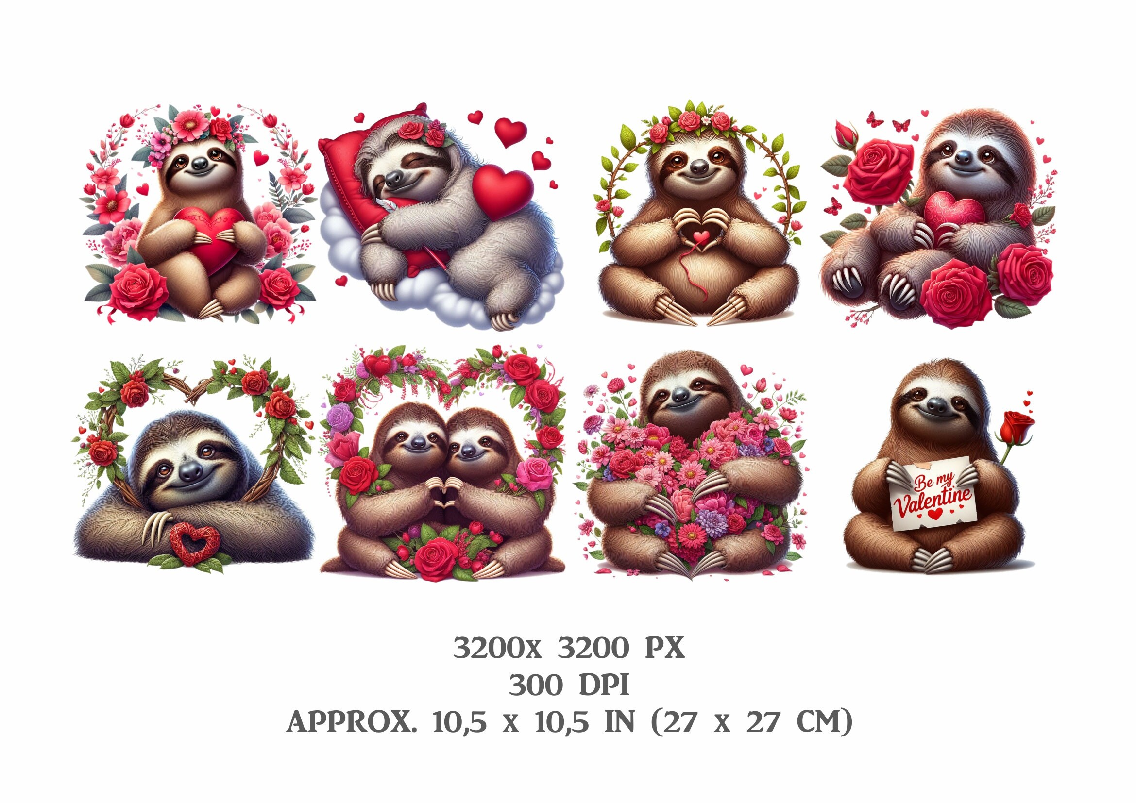 25 Watercolor Valentine Sloths Pack, February 14th Cute Animals Clip ...