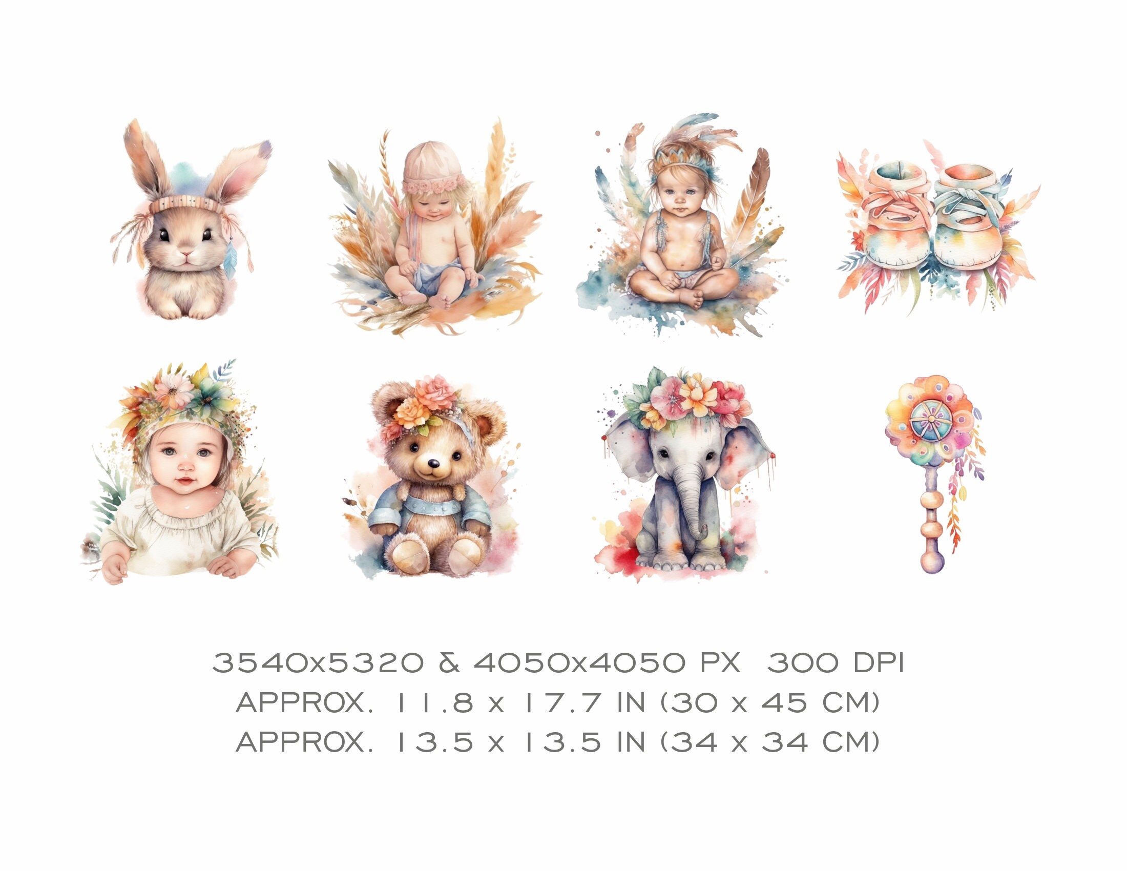 37 Watercolor Baby Shower Clipart Rainbow Boho Bundle Digital - Etsy