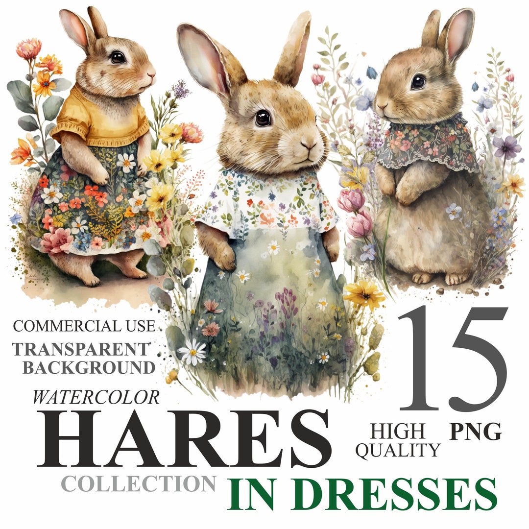 15 Cute Hares in Dresses Pack, Watercolor Spring Bunnies With Flowers ...