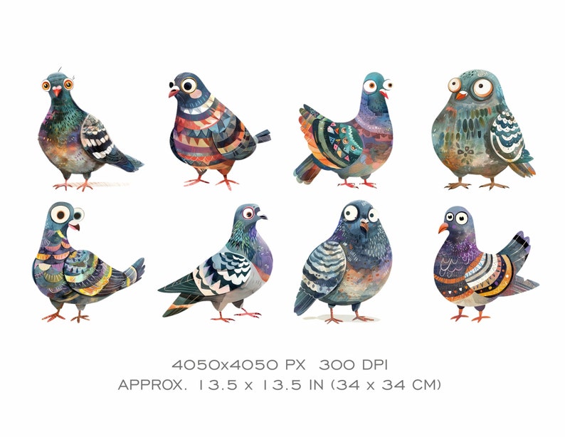22 Whimsical Pigeons Clipart, Watercolor Funny Graphics PNG Digital ...