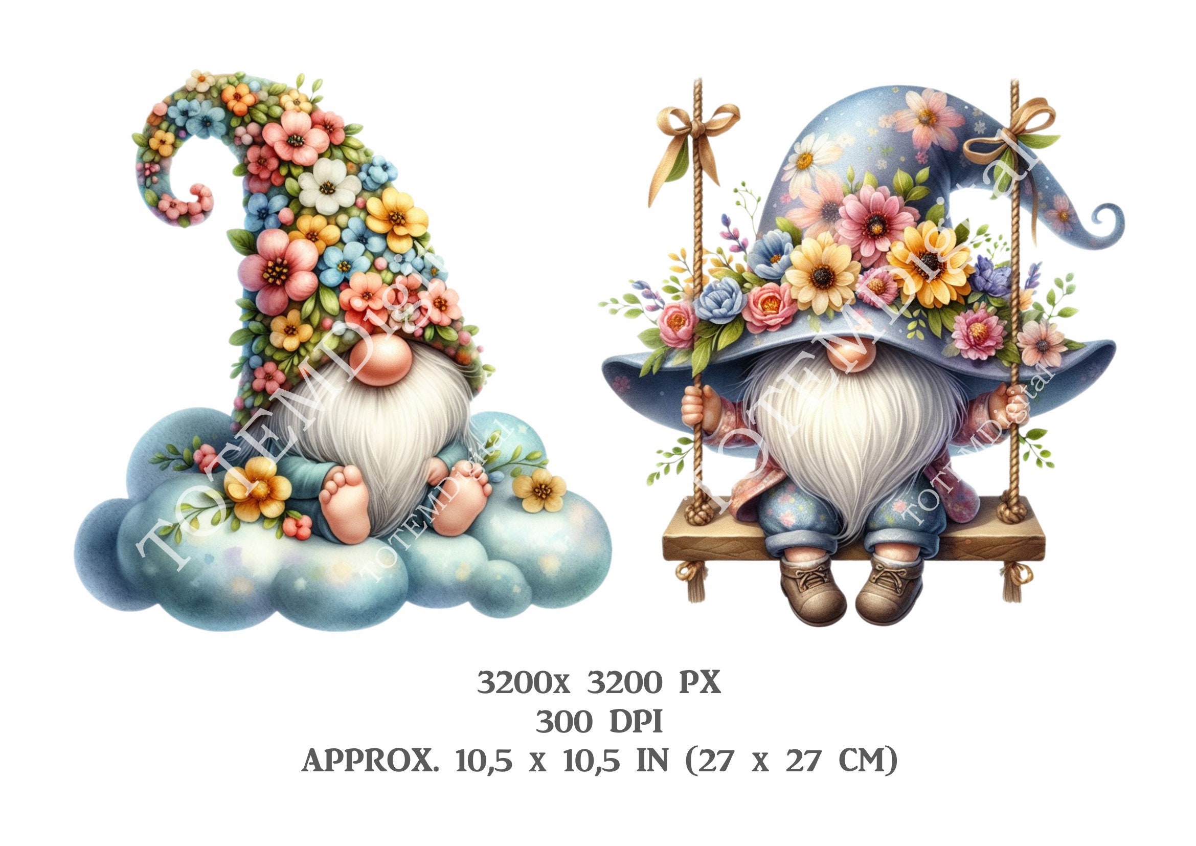 15 Spring Gnomes Pack, Watercolor Cute Easter Gnome With Flowers PNG ...