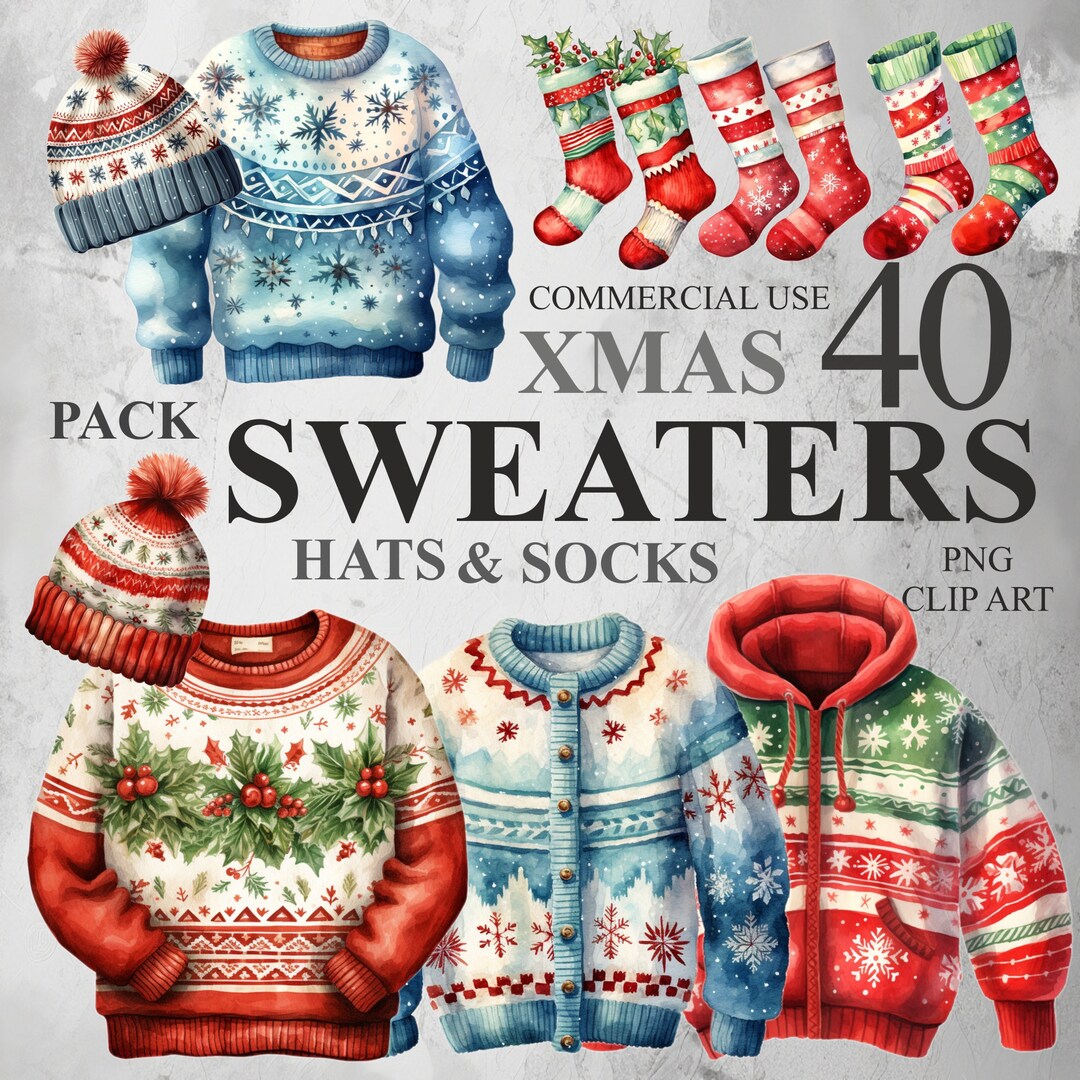 40 Christmas Sweaters Hats and Socks Winter Clipart, Xmas Ugly Sweater ...