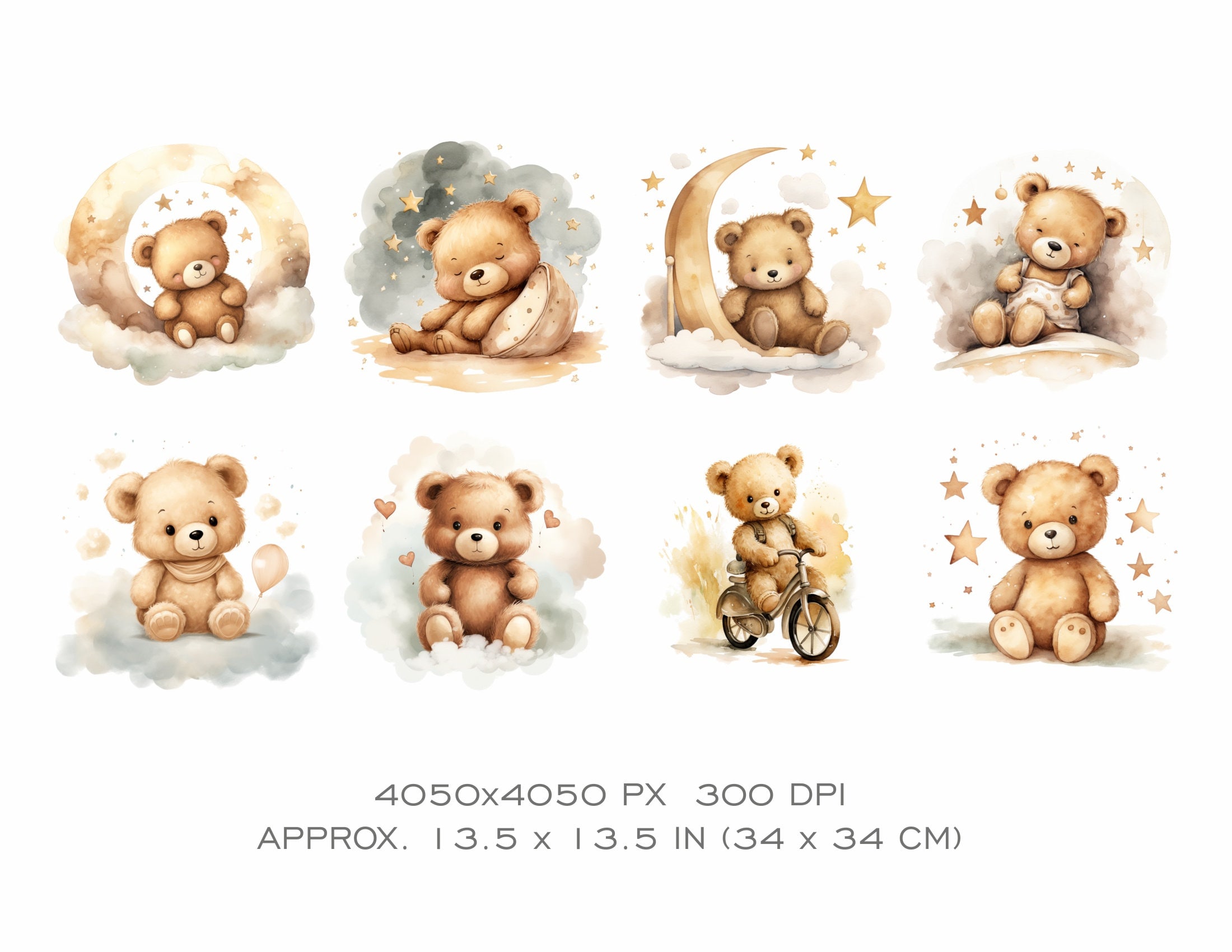 30 Watercolor Teddy Bear Collection Beige Clipart, Boy Baby Shower ...