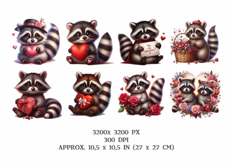 28 Watercolor Valentine Raccoons Pack, February 14th Cute Animals Clip ...