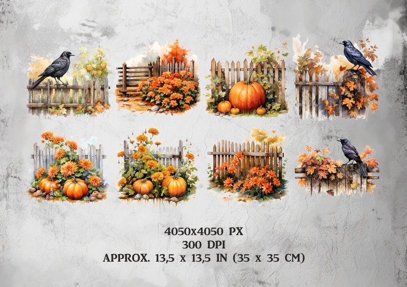25 Autumn Fences Clipart Watercolor Fall Floral Scenes PNG - Etsy