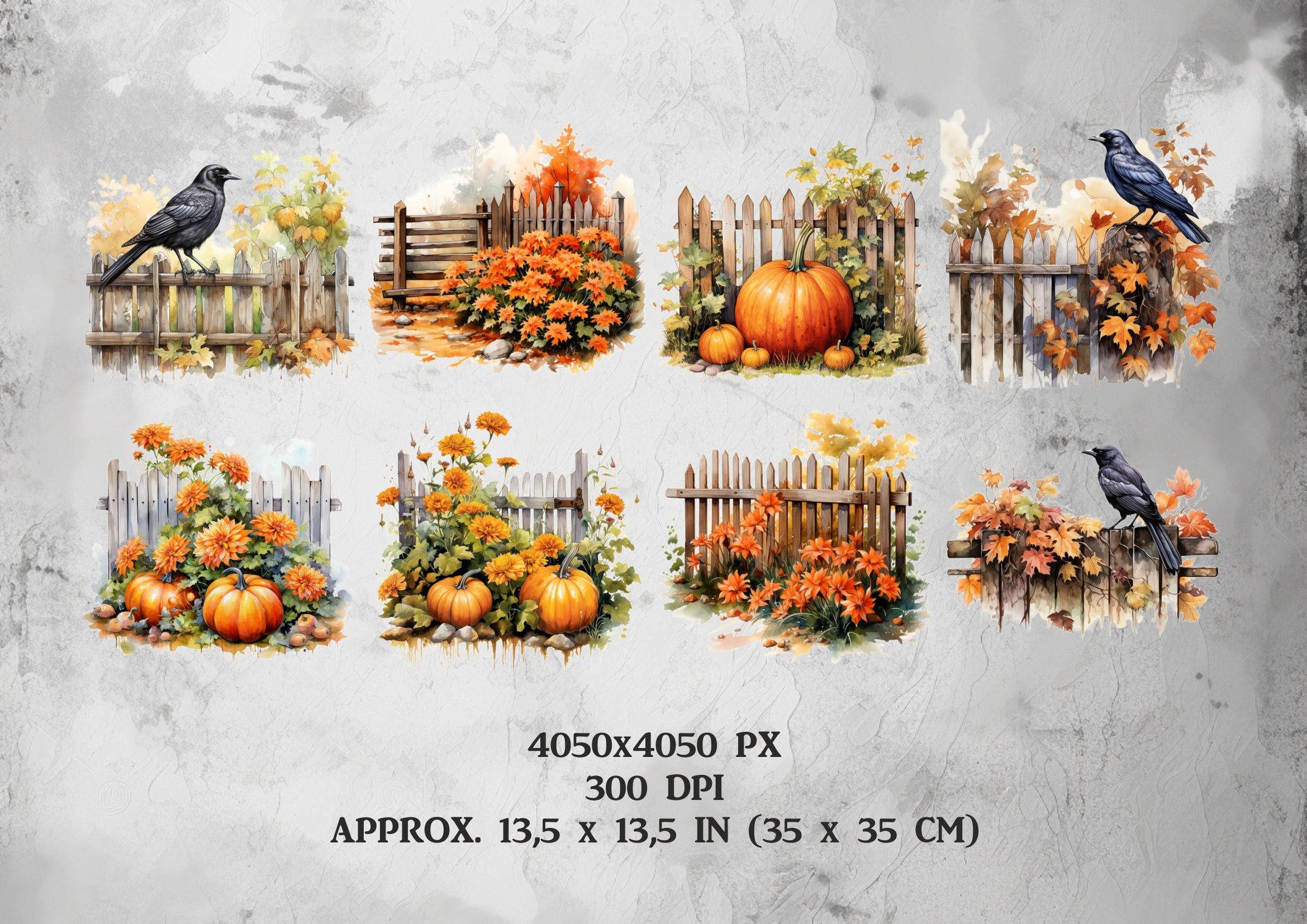25 Autumn Fences Clipart, Watercolor Fall Floral Scenes PNG Digital ...