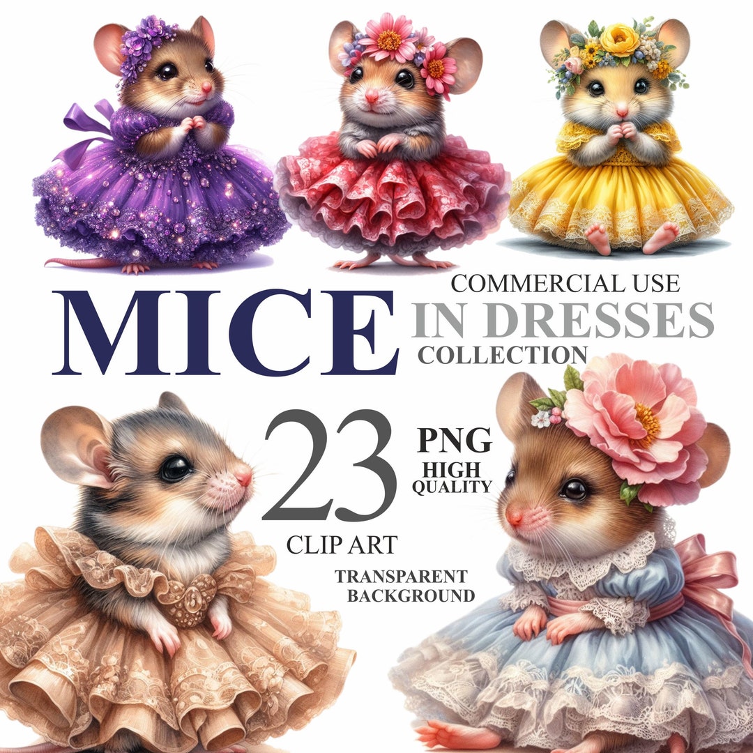 23 Cute Mice in Dresses Pack, Watercolor Mouse With Summer Flowers PNG ...