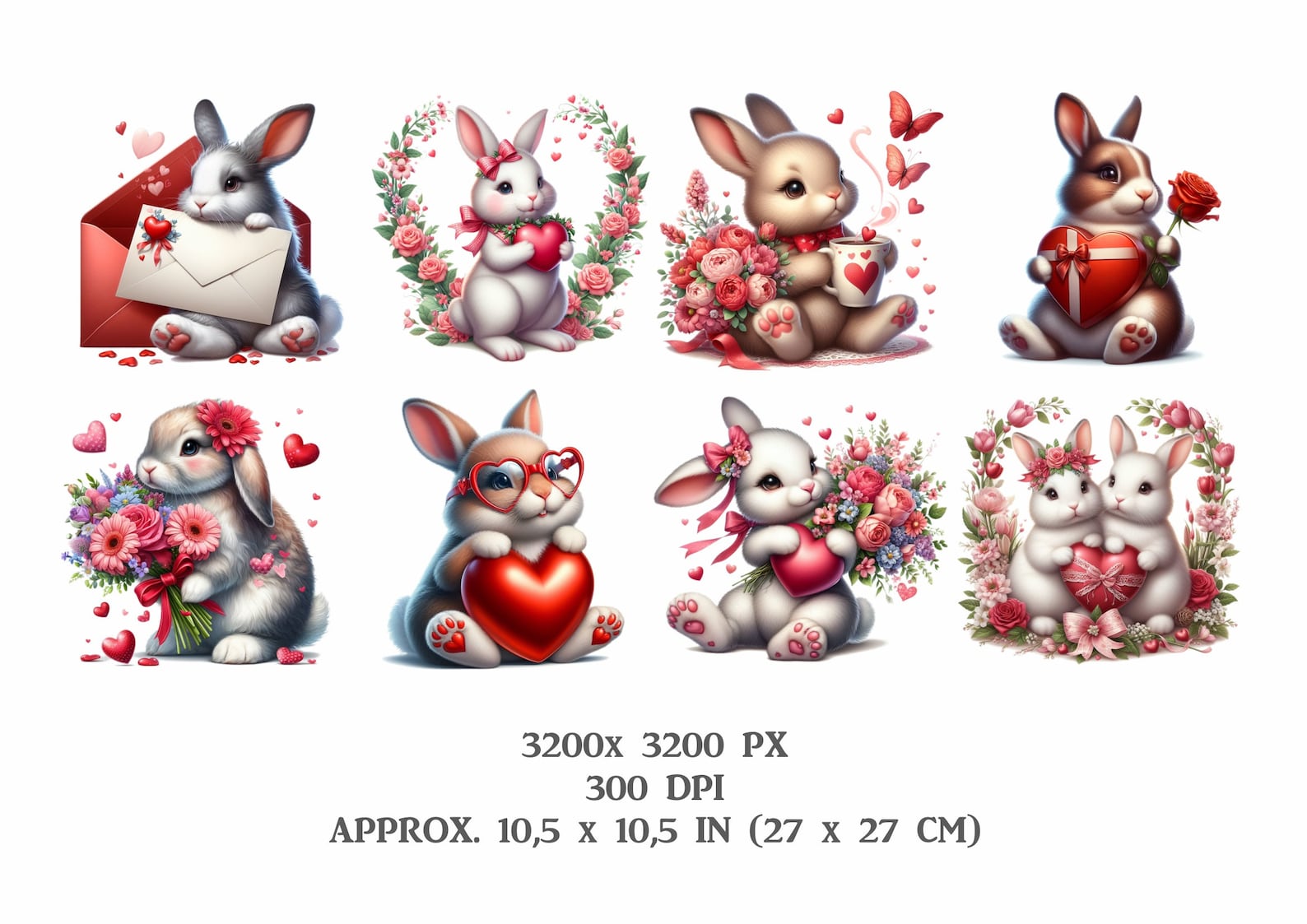 25 Watercolor Valentine Bunnies Pack, February 14th Cute Rabbits Clip ...