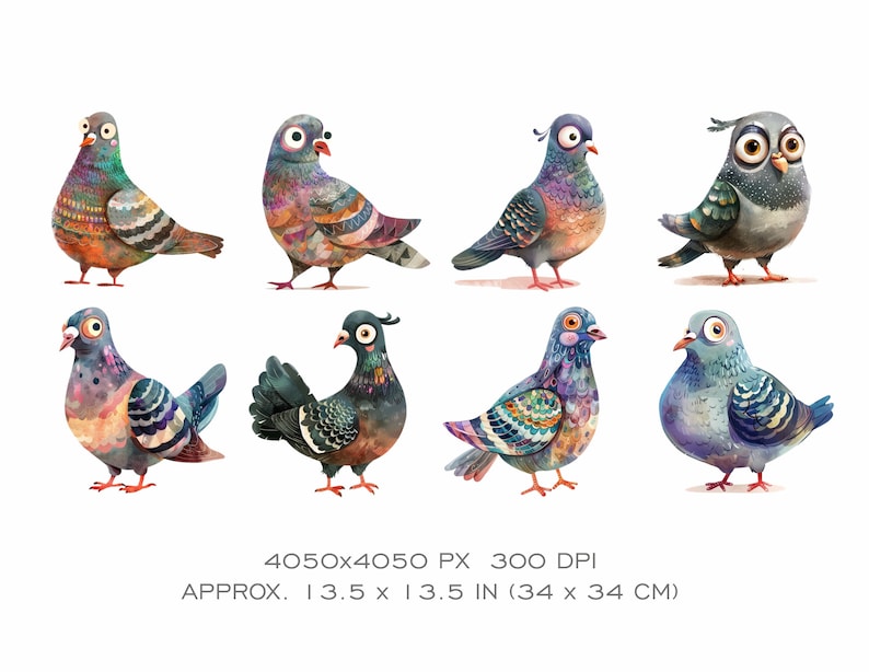 22 Whimsical Pigeons Clipart, Watercolor Funny Graphics PNG Digital ...