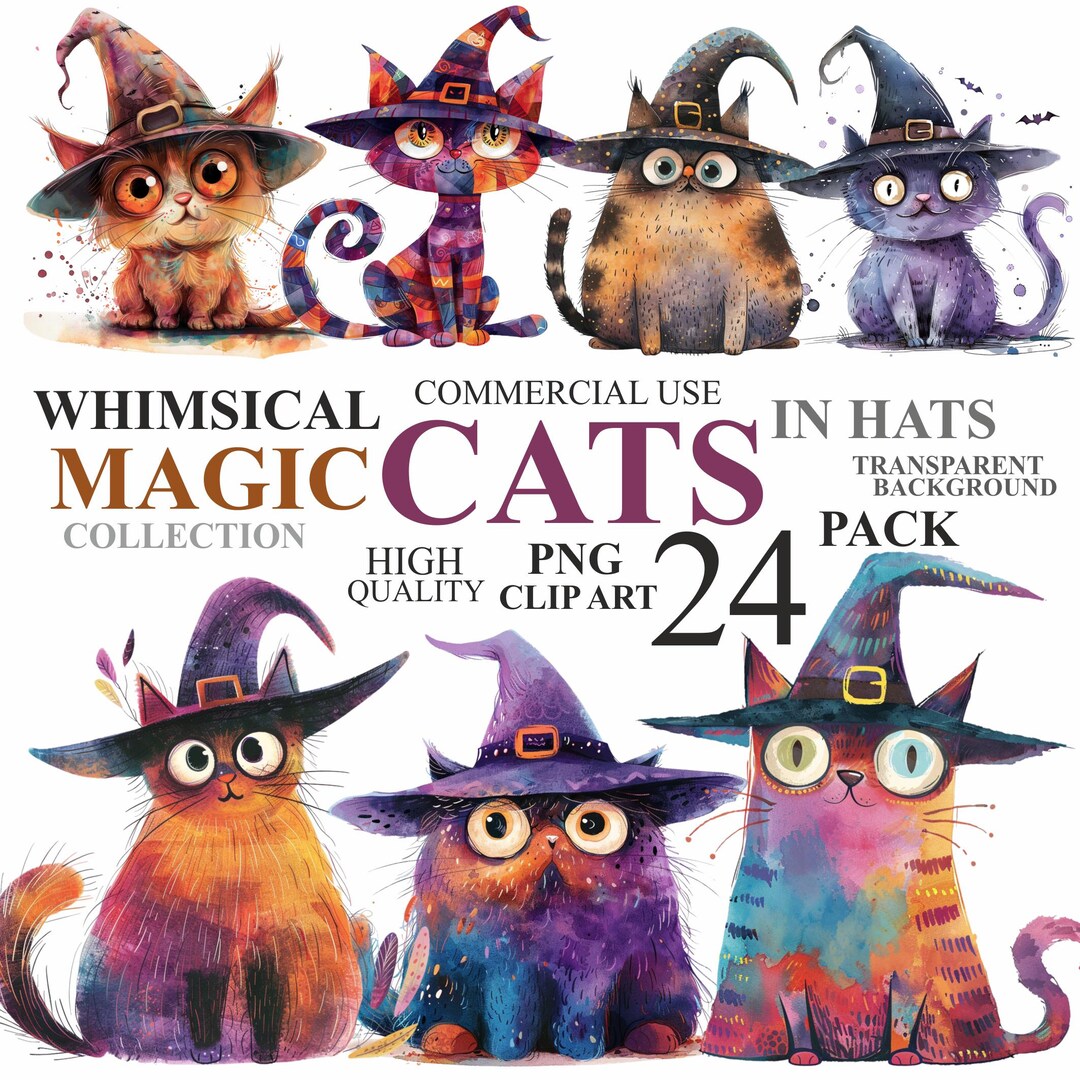 24 Whimsical Magic Cats Clipart, Watercolor Witch Cat PNG Digital Clip ...