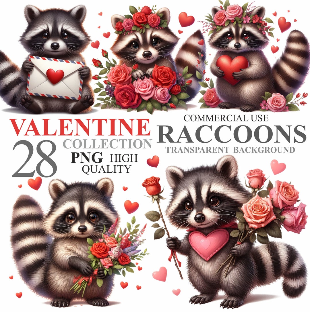 28 Watercolor Valentine Raccoons Pack, February 14th Cute Animals Clip ...