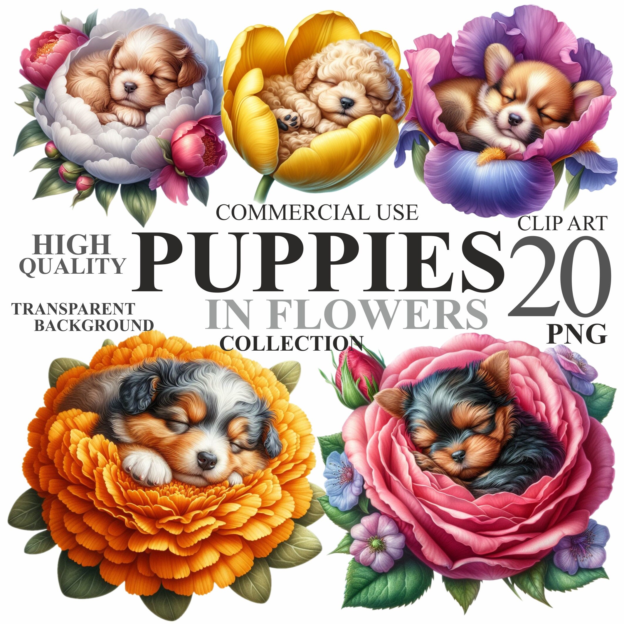 20 Watercolor Puppies in Flowers Pack, Cute Floral Little Dog PNG Clip ...