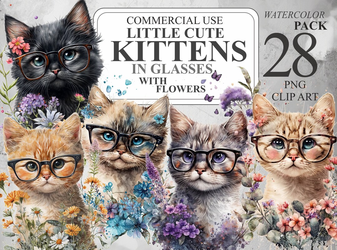 28 Cute Kittens in Glasses With Flowers Clipart, Watercolor Cats PNG ...